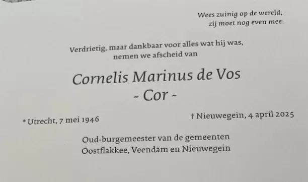 Voormalig burgemeester Cor de Vos overleden op 78-jarige leeftijd - De ...